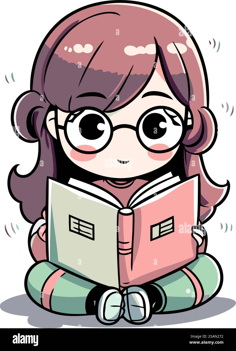 Cute little girl reading a book. Vector illustration in cartoon style ...