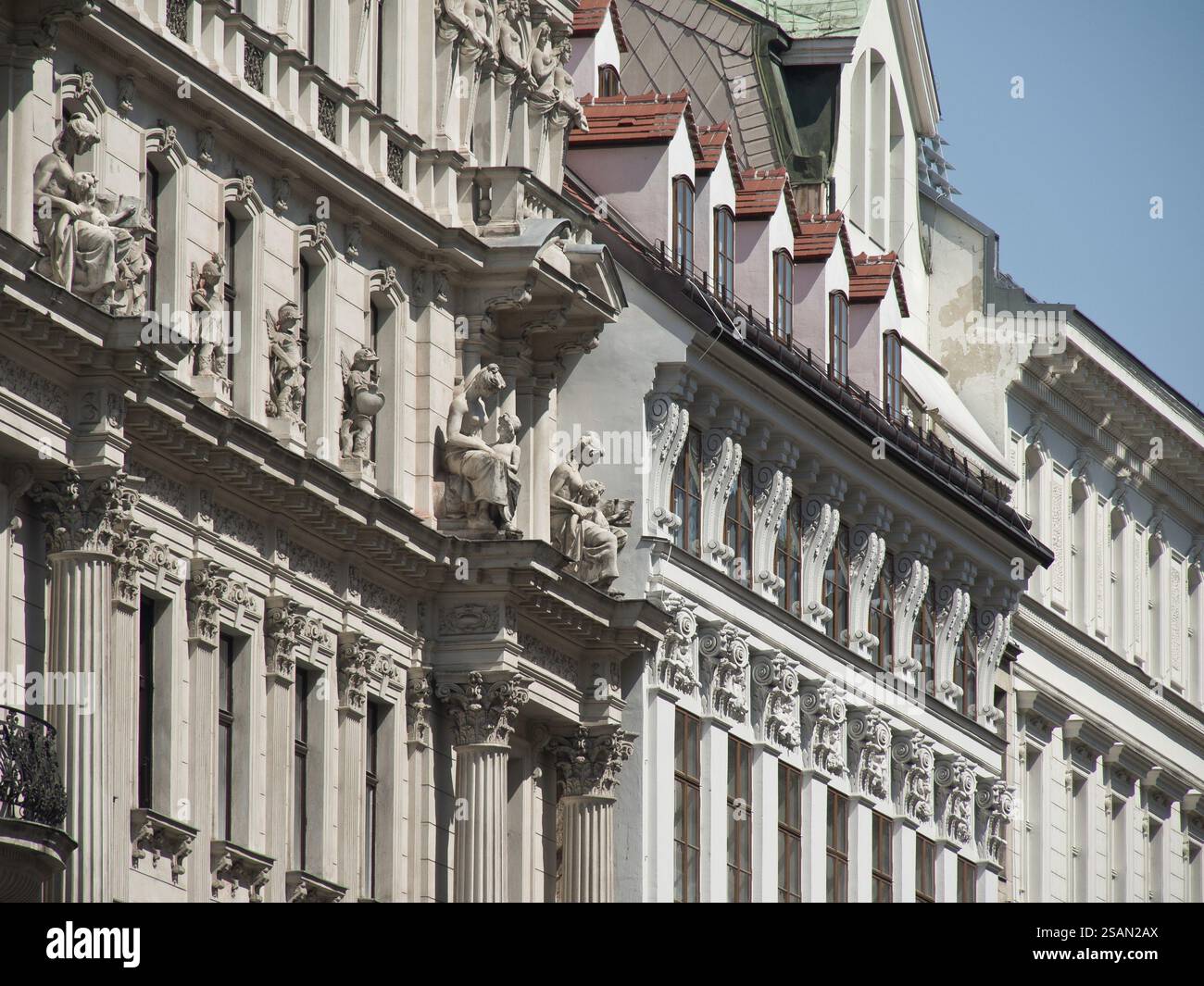 Detailed decorations and sculptures on a historic facade, Vienna ...