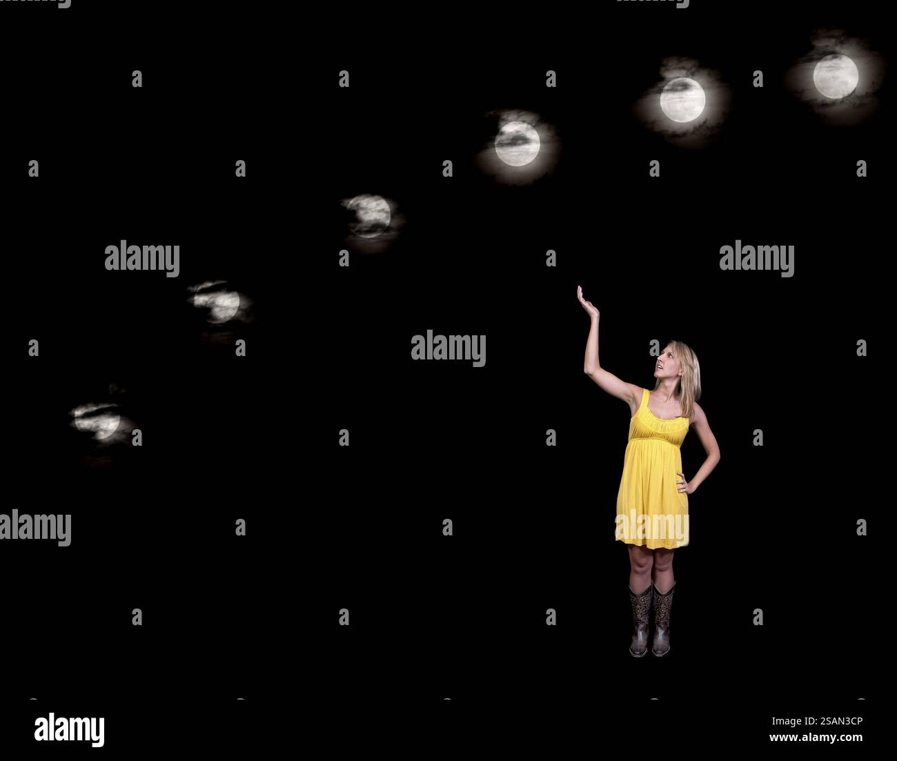 A beautiful woman displaying a series of full moons across the night ...