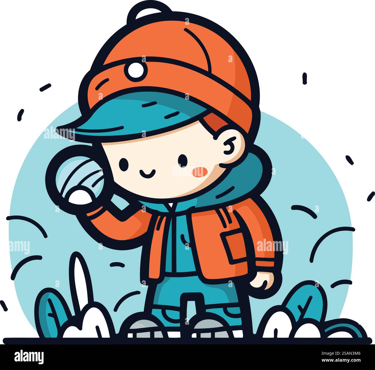 Cute little boy playing snowballs in winter. Vector illustration Stock ...
