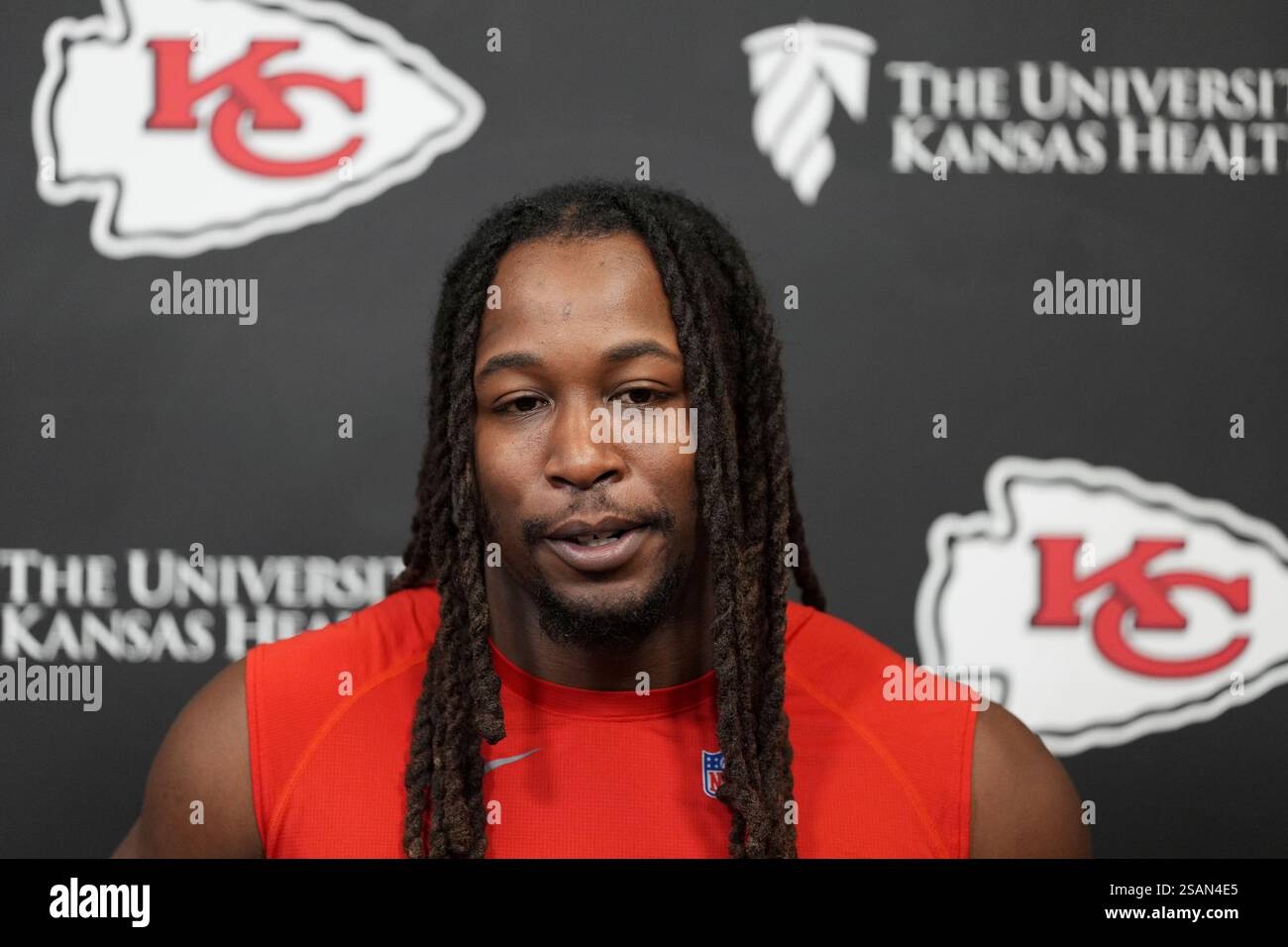 Kansas City Chiefs running back Kareem Hunt addresses the media before ...