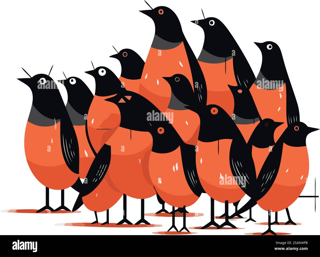 Flock of black and orange birds isolated on white background. Vector ...