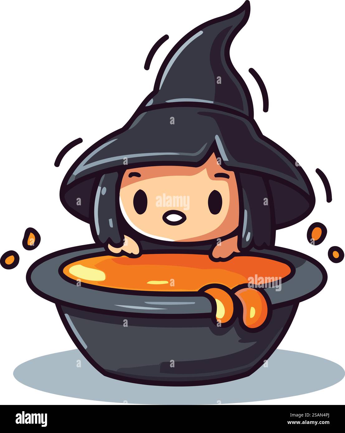 Cute girl in witch costume holding pot of potion. Vector illustration ...