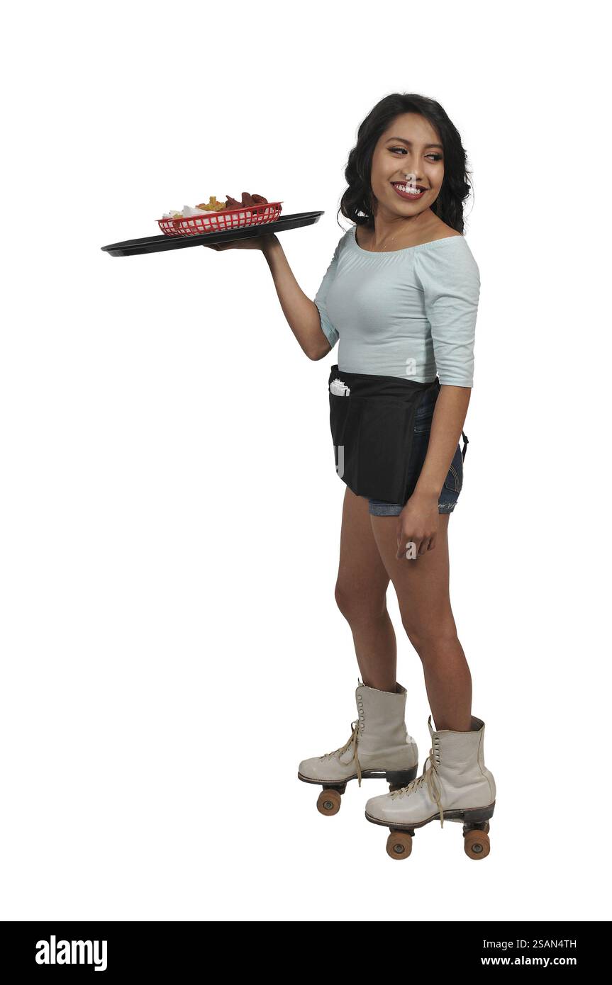 Woman waitress on roller skates at a drive-in restaurant Stock Photo ...