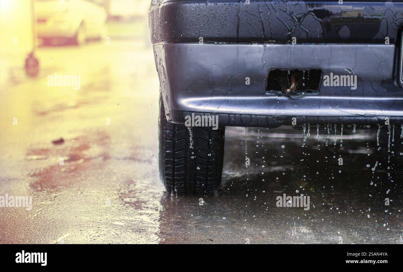 Rear of a car with wet surface and reflection, indicating a washing ...
