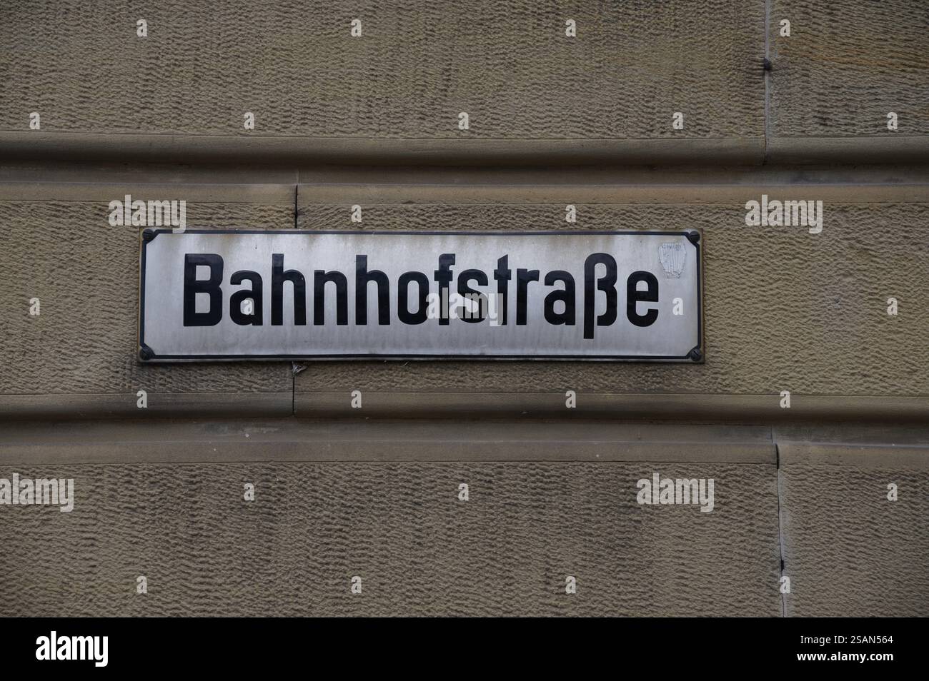 Street name Bahnhofstrasse, sign, street, Schwaebisch Hall, Germany ...