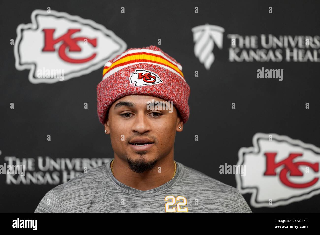 Kansas City Chiefs cornerback Trent McDuffie addresses the media before ...