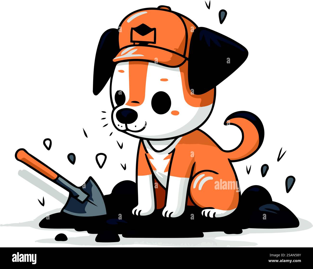 Cute cartoon dog digging a hole with shovel. Vector illustration Stock ...