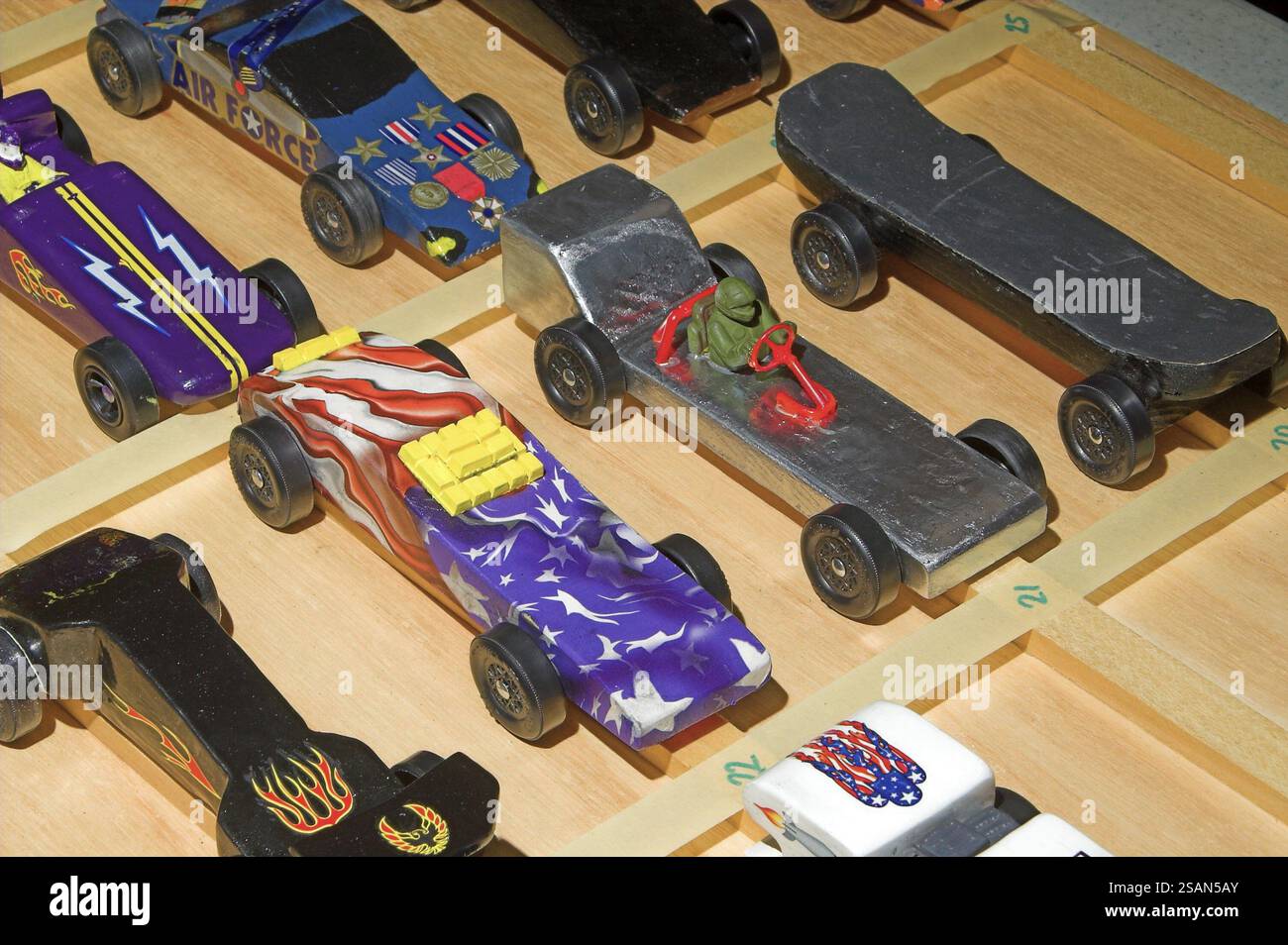 A collection of Pinewood Derby cars ready to race Stock Photo - Alamy