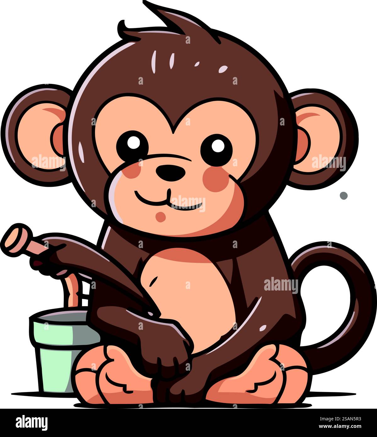 Cute cartoon monkey sitting with a bucket of water. Vector illustration ...