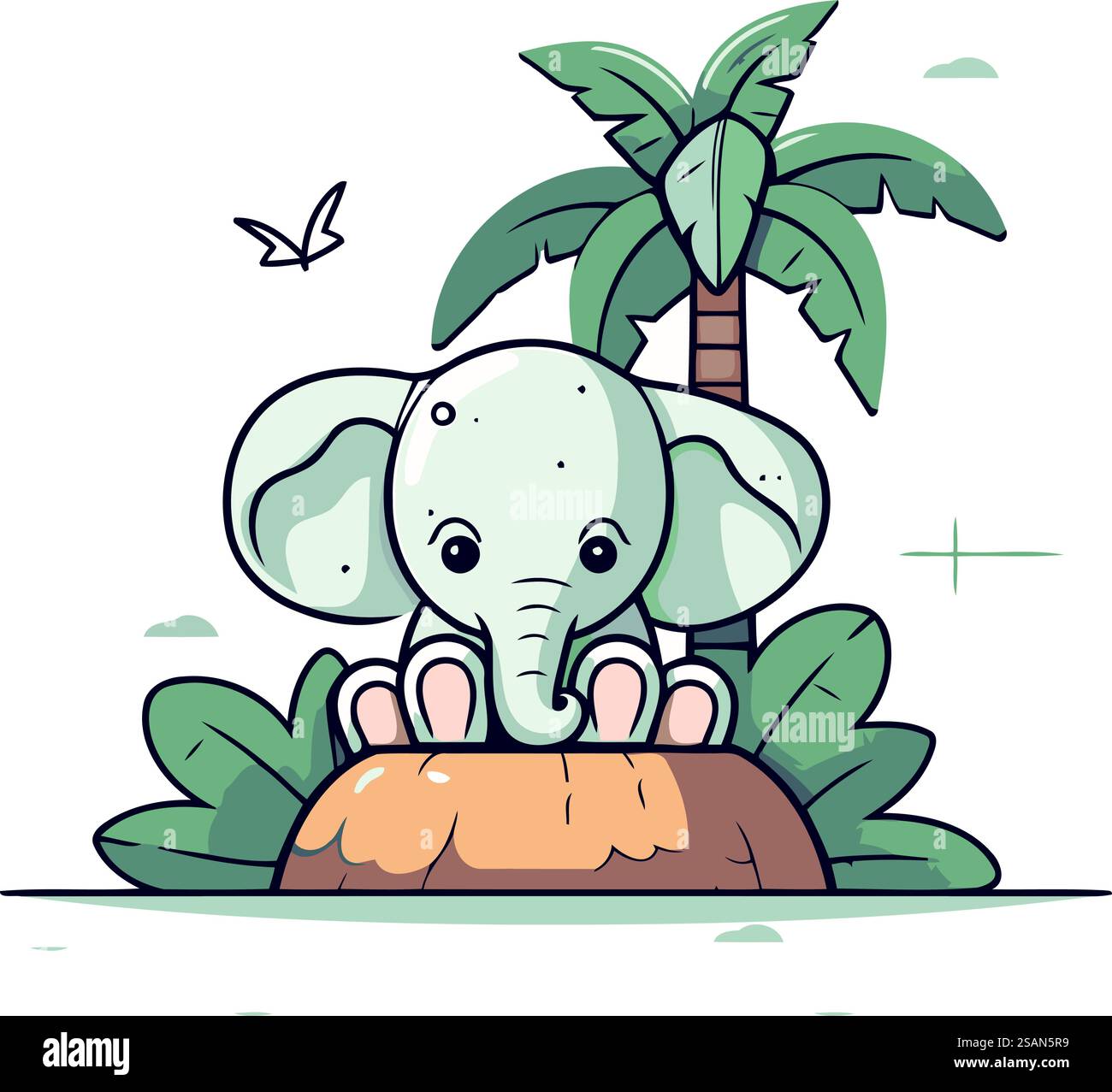 Cute cartoon elephant sitting on a island with palm trees. Vector ...