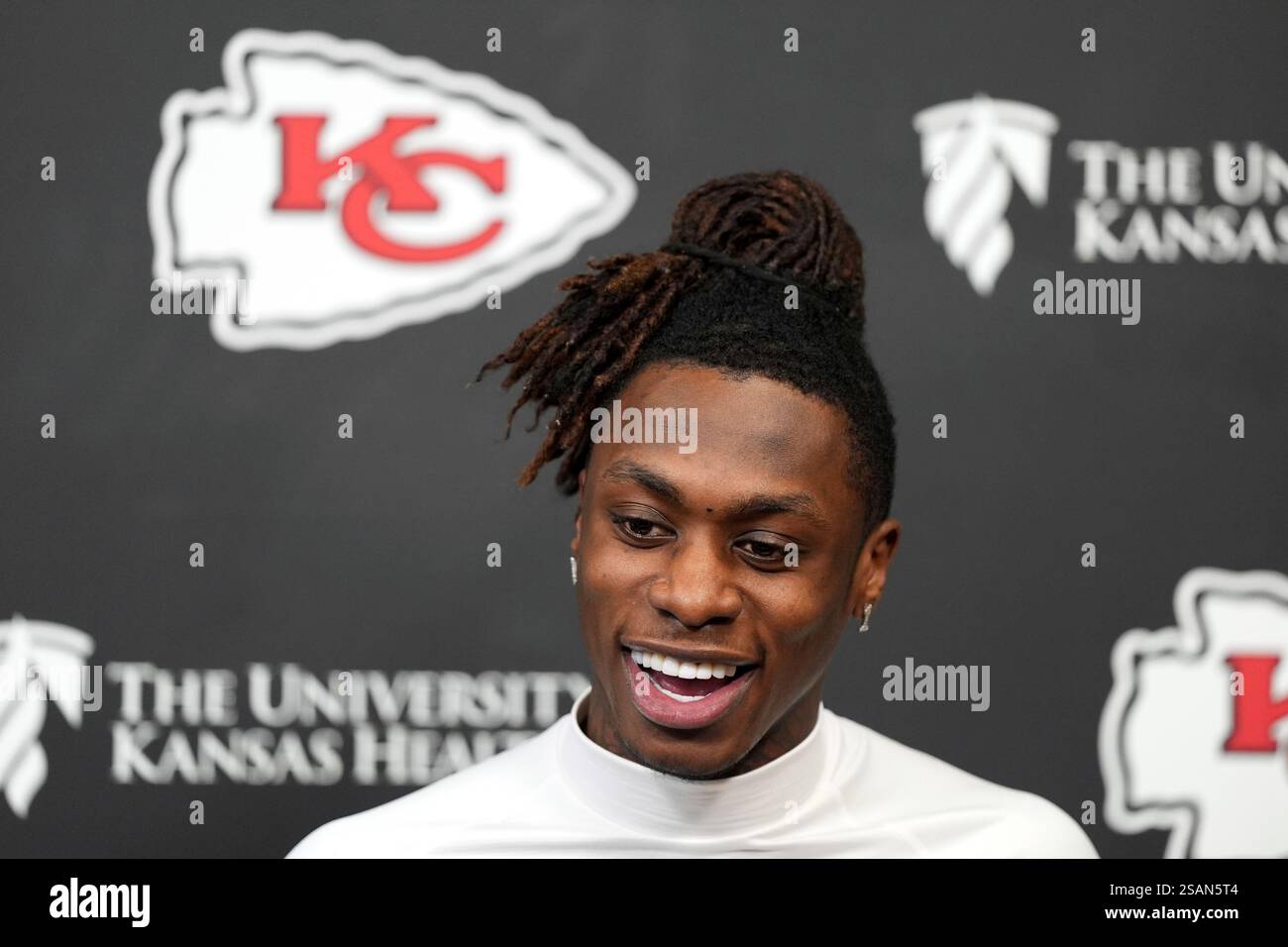 Kansas City Chiefs wide receiver Xavier Worthy addresses the media ...