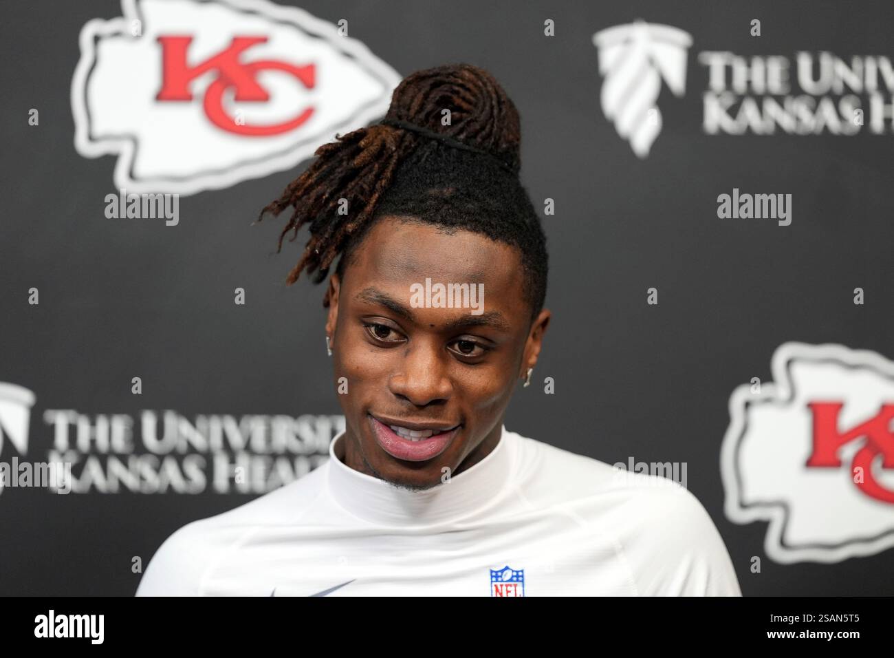 Kansas City Chiefs wide receiver Xavier Worthy addresses the media ...