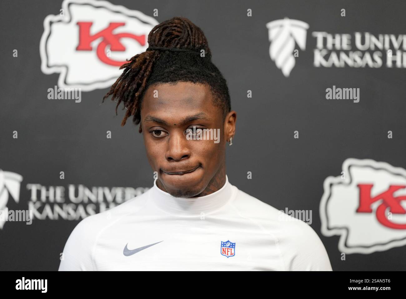 Kansas City Chiefs wide receiver Xavier Worthy addresses the media ...