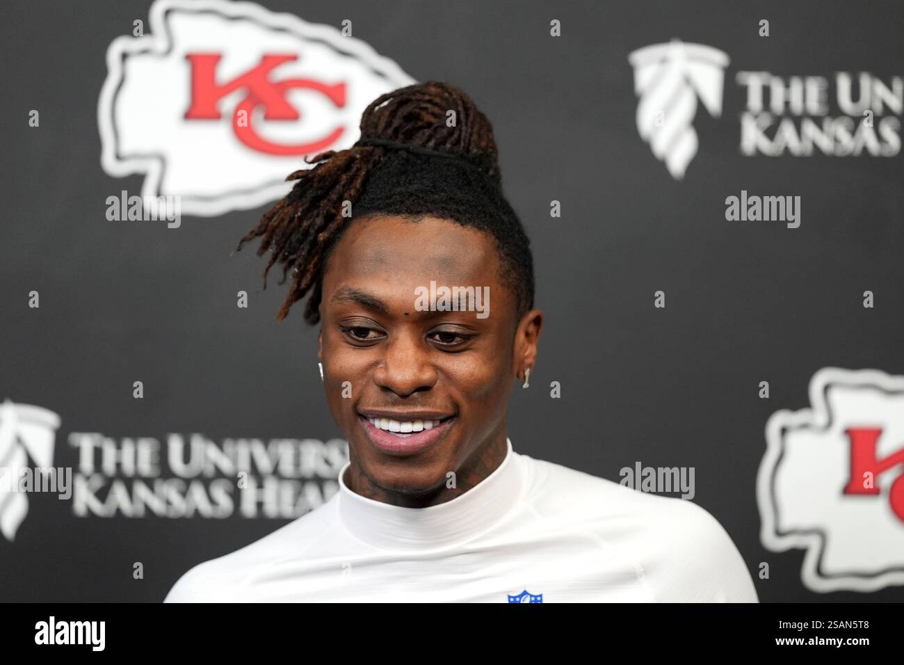 Kansas City Chiefs wide receiver Xavier Worthy addresses the media ...