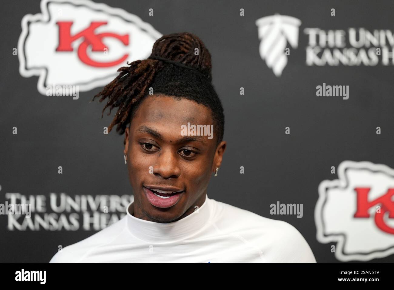 Kansas City Chiefs wide receiver Xavier Worthy addresses the media ...
