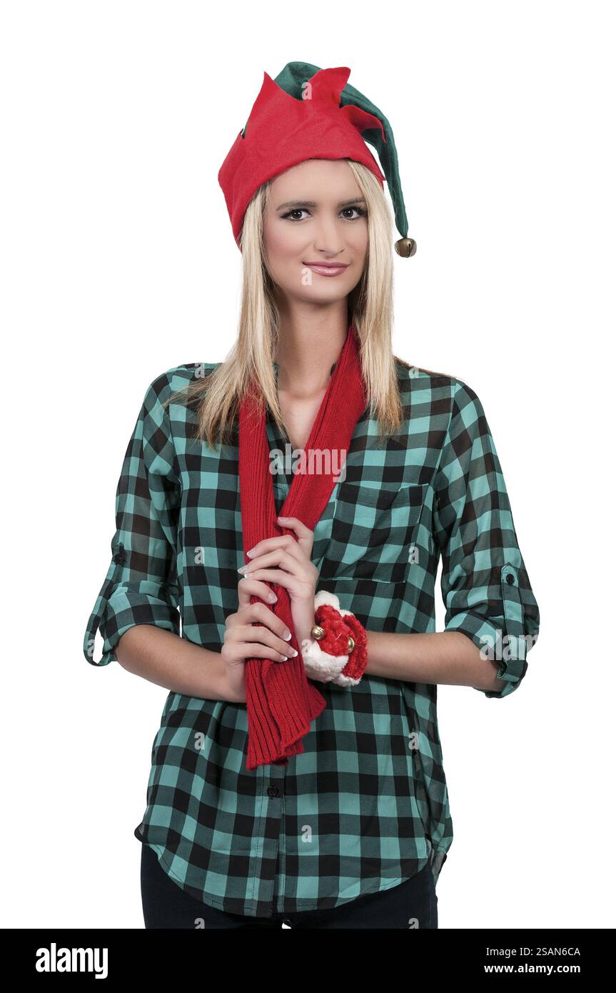 Beautiful female woman elf posing at Christmas Stock Photo - Alamy