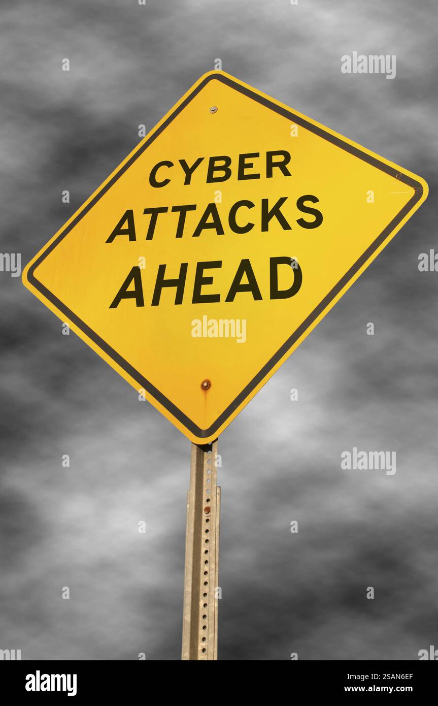 Caution yellow warning type American road sign that warns of cyber ...