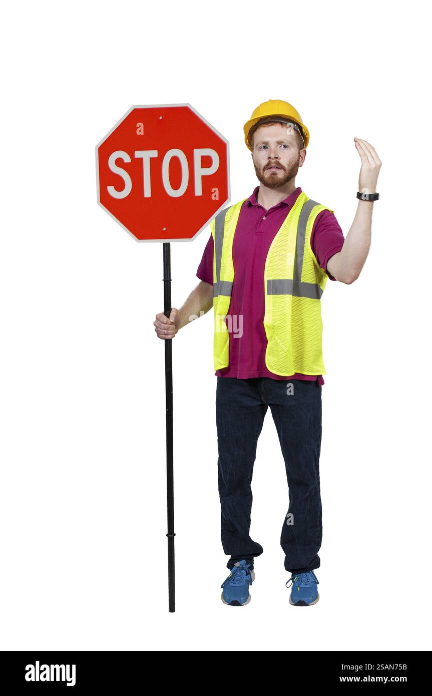 Man flagman holding a stop sign to halt traffic Stock Photo - Alamy