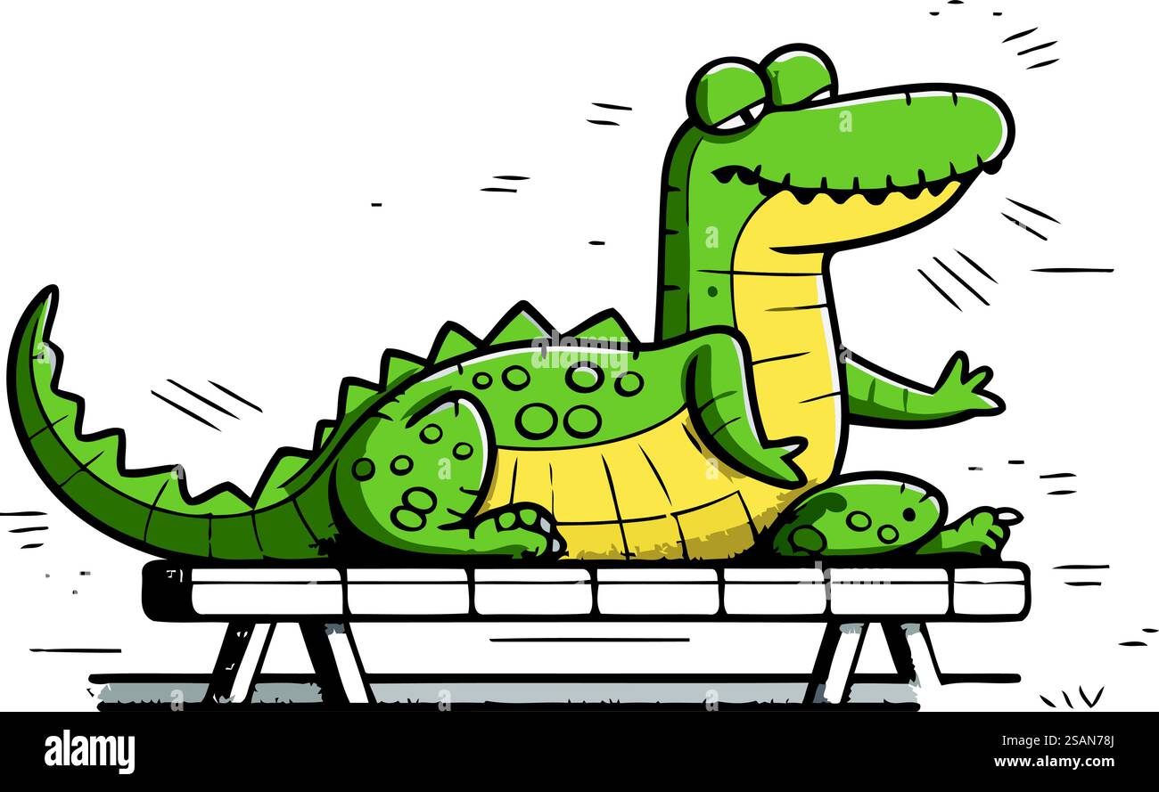 Cartoon crocodile sitting on a bench. Vector illustration for your ...
