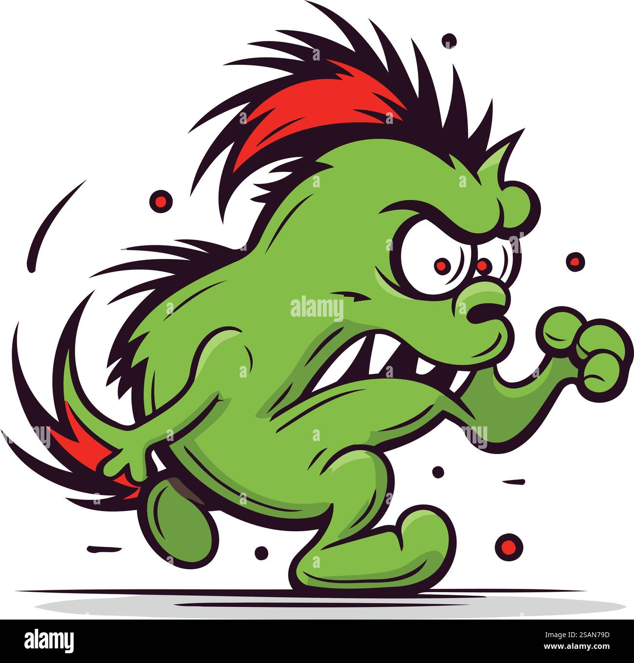 Vector Illustration of a cartoon green monster running with a red ...