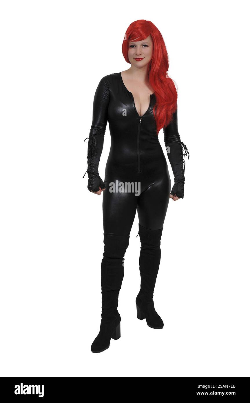 Beautiful woman wearing a black vinyl rubber latex cat suit Stock Photo ...