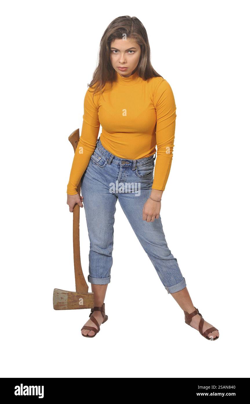 Beautiful possessed woman in a trance holding an axe Stock Photo - Alamy