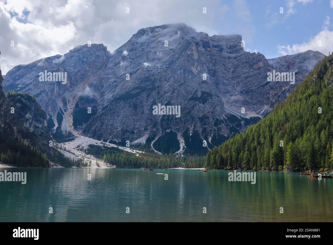 Lago di Braies, also known as Pragser Wildsee, is a breathtaking alpine ...
