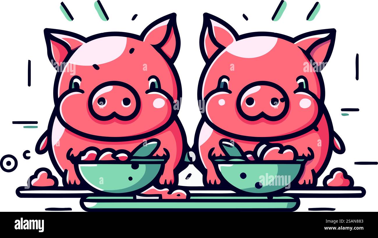 Vector illustration of two cute pigs with bowl of porridge. Cute ...