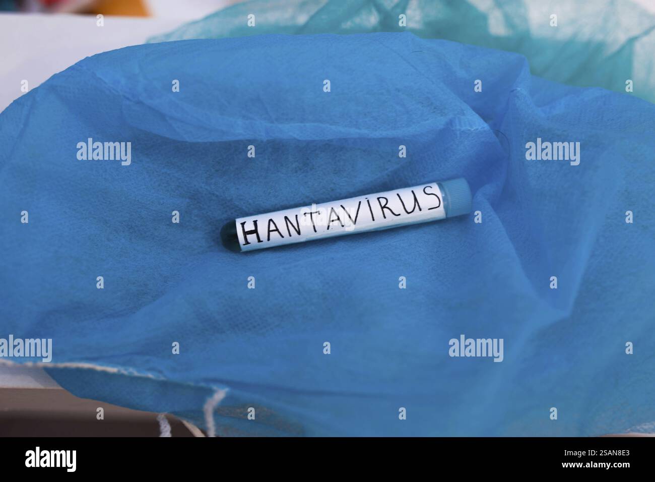 A test tube labeled Hantavirus on a blue cloth background Stock Photo ...