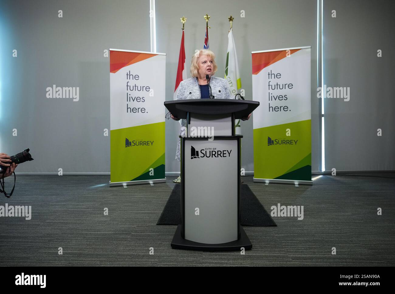 Surrey, Canada. 28th Apr, 2023. Surrey Mayor Brenda Locke speaks during ...