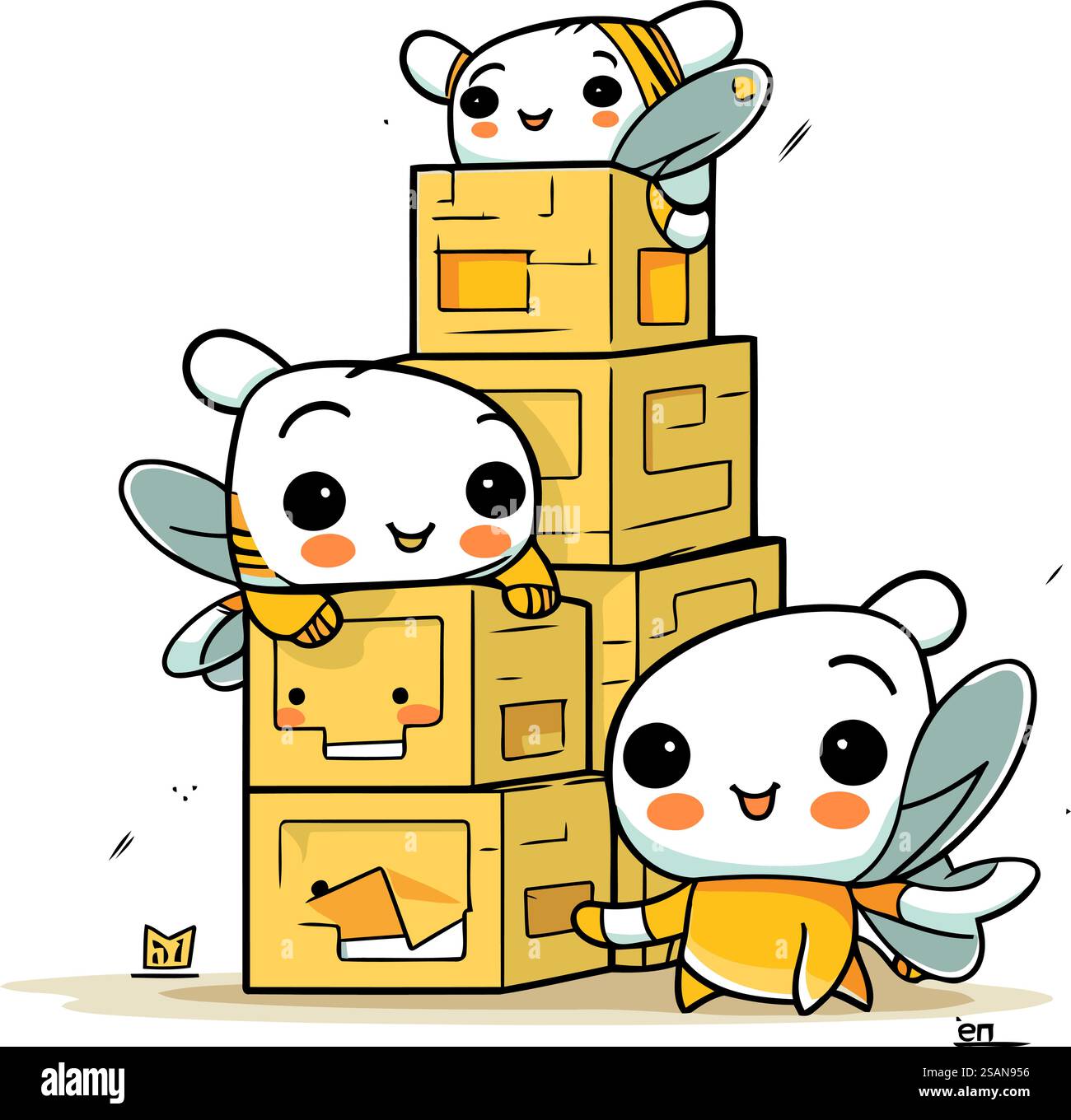 Vector illustration of a set of cute kawaii animals with boxes Stock ...