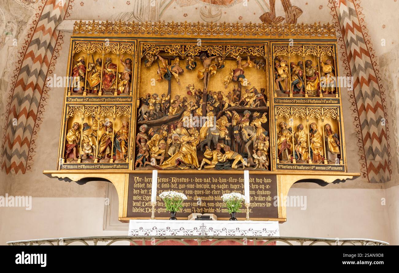 Wooden Carving over the Altar at the Bregninge Church: A large complex ...