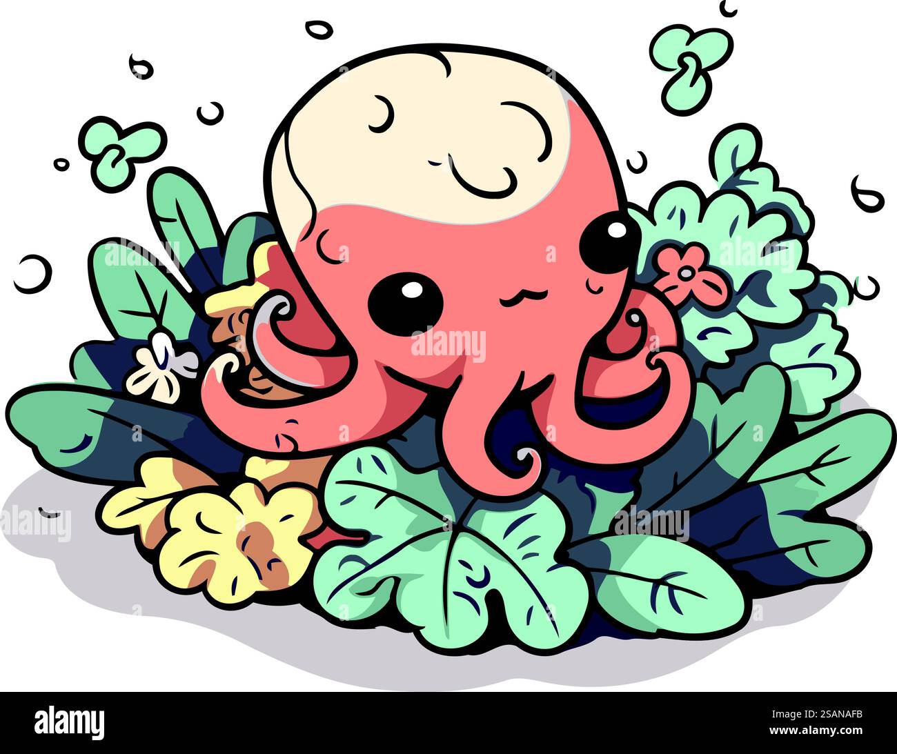 Illustration of cute octopus with flowers and leaves. Vector ...
