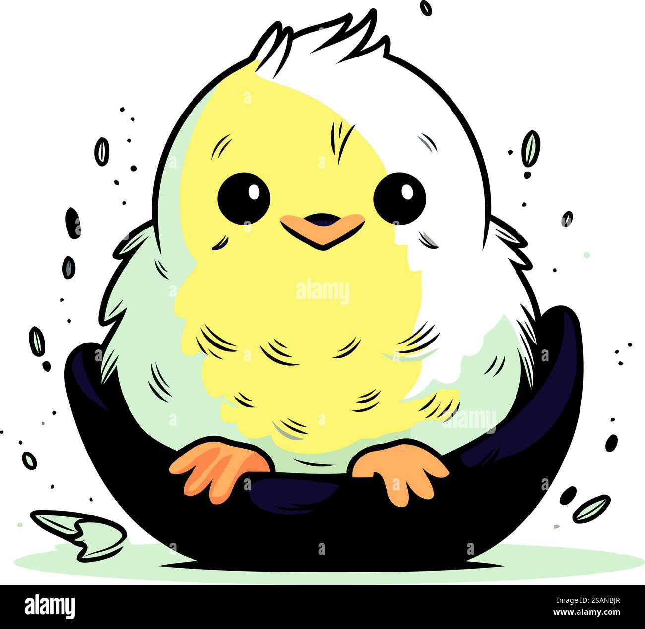 Cute little chicken sitting in the egg. Vector illustration on white ...