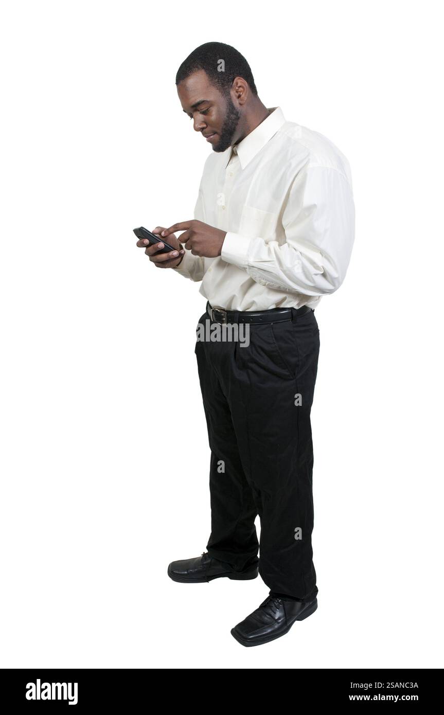 Black African American business man using a cell phone for texting ...
