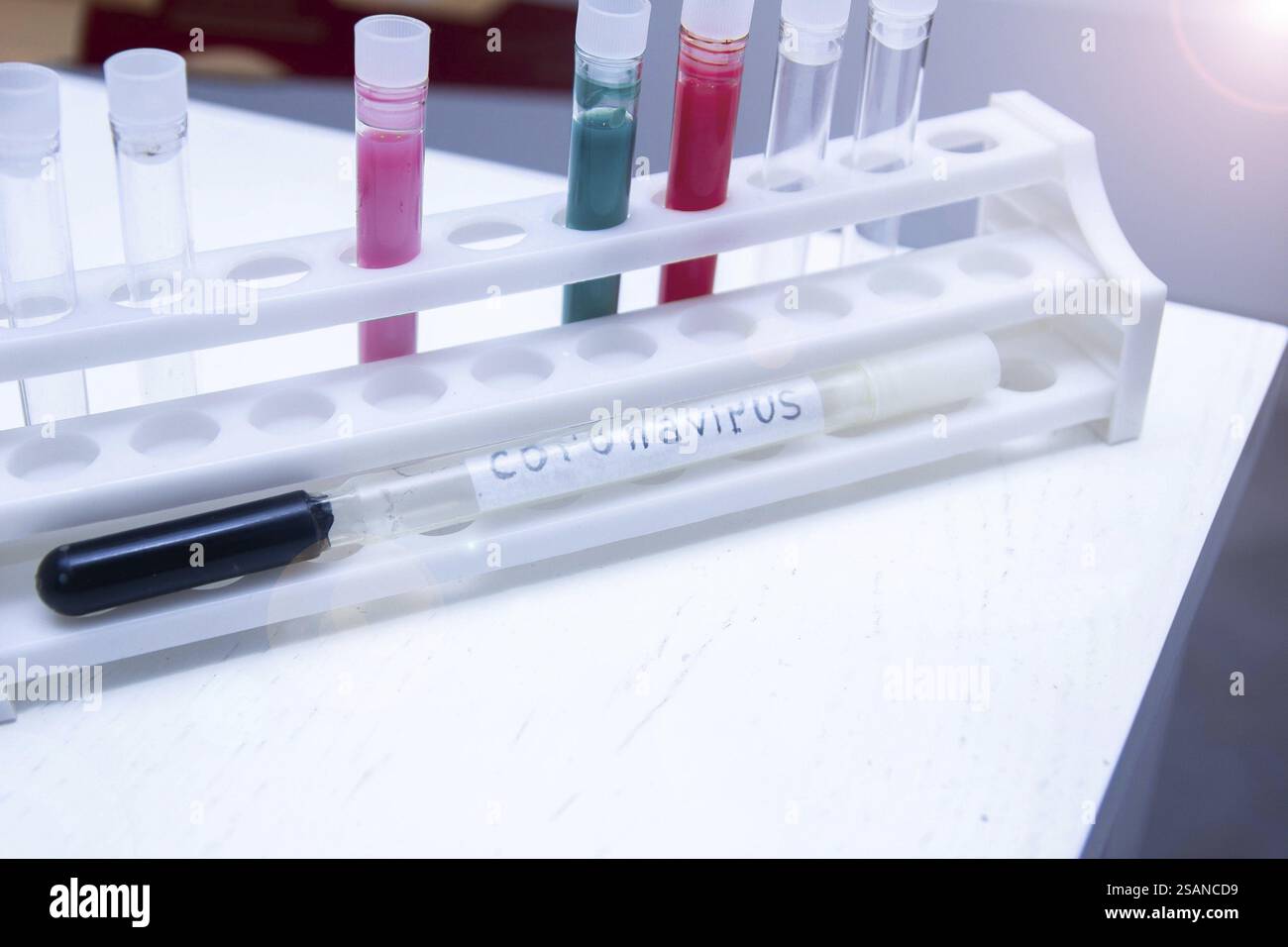 Rack of test tubes with one labeled 'coronavirus' on a white table ...