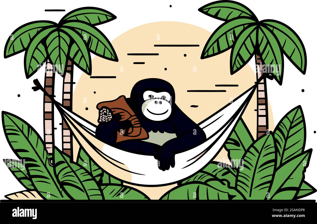 cute monkey in hammock with palm trees vector illustration graphic ...
