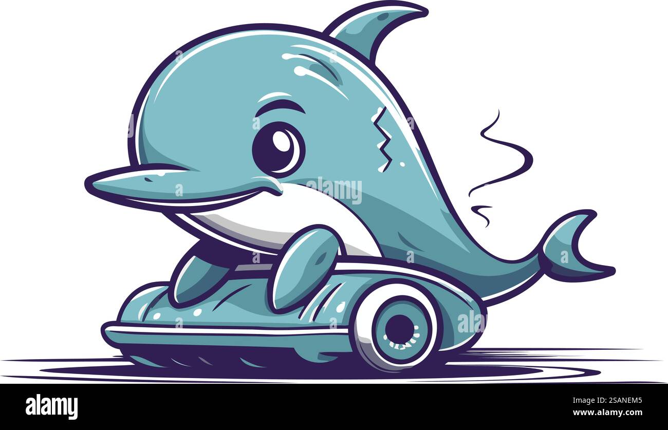 Cute cartoon dolphin on wheels. Vector illustration isolated on white ...