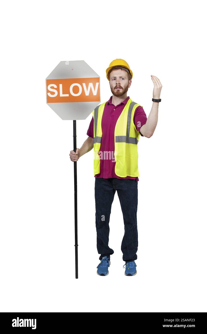 Man flagman holding a stop sign to halt traffic Stock Photo - Alamy