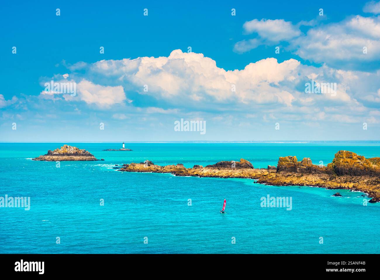 Brittany ocean panorama, Landes island and lighthouse Pointe du Grouin ...