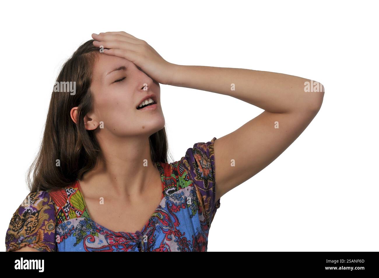 Beautiful forgetful woman with her hand on her forehead Stock Photo - Alamy