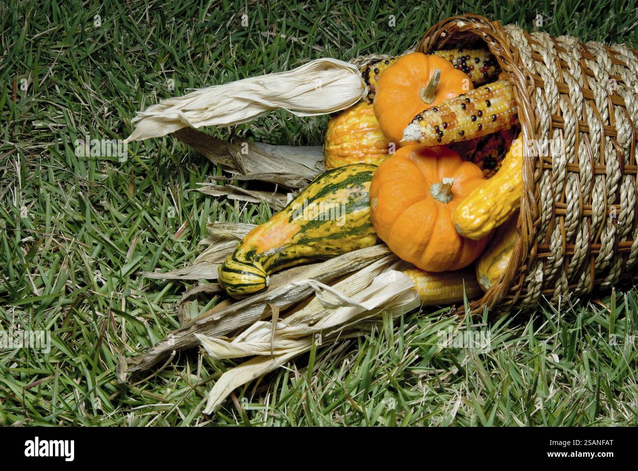 A traditional fall harvest cornucopia with fresh produce Stock Photo ...