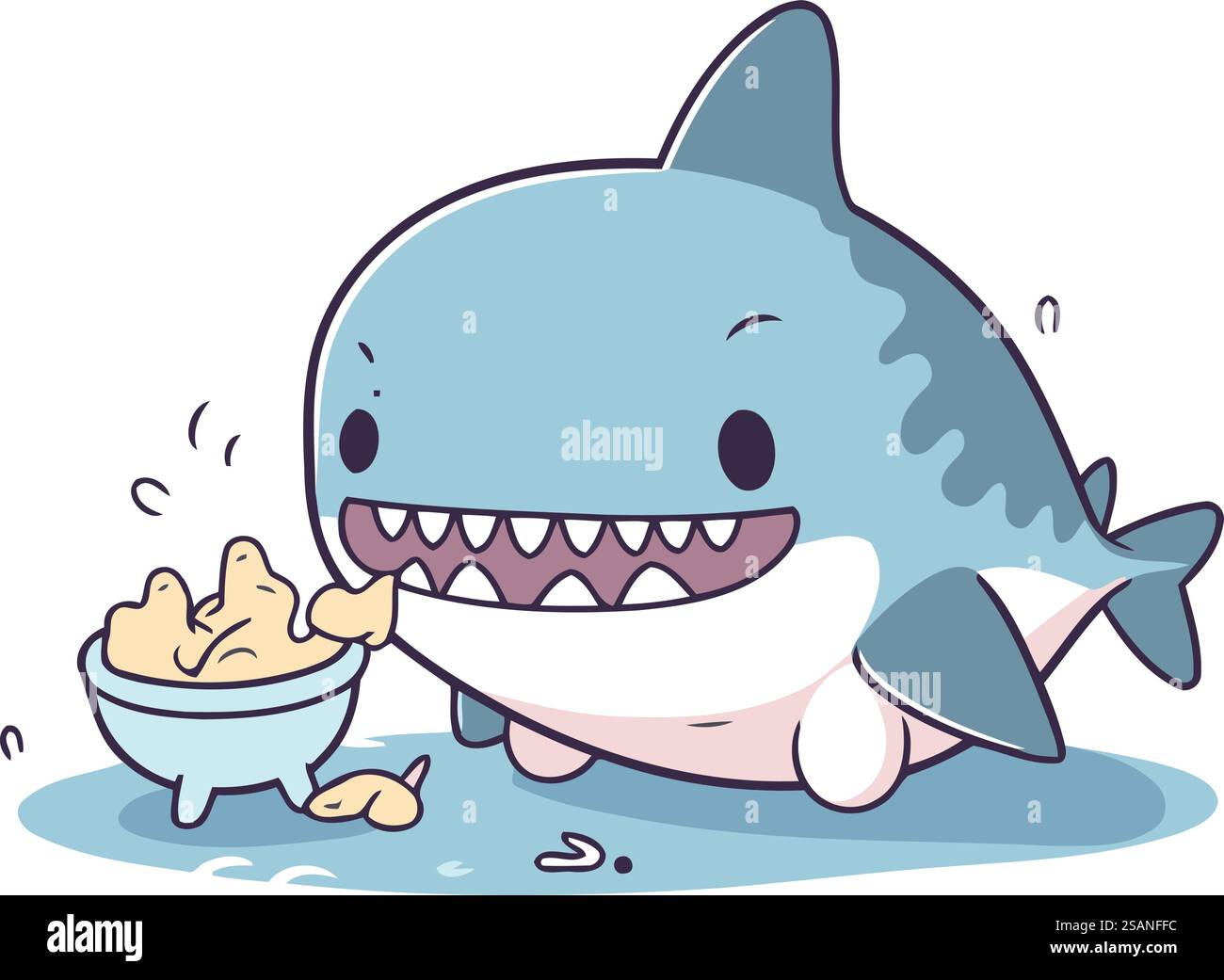 Shark eating food. Vector illustration of a cartoon shark eating food ...