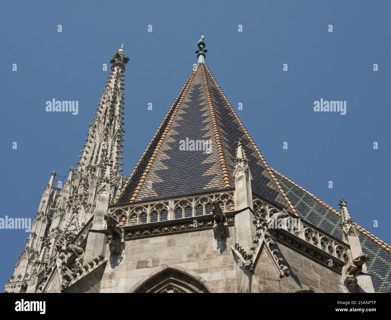 Top of a Gothic building with detailed decorations and coloured roof ...