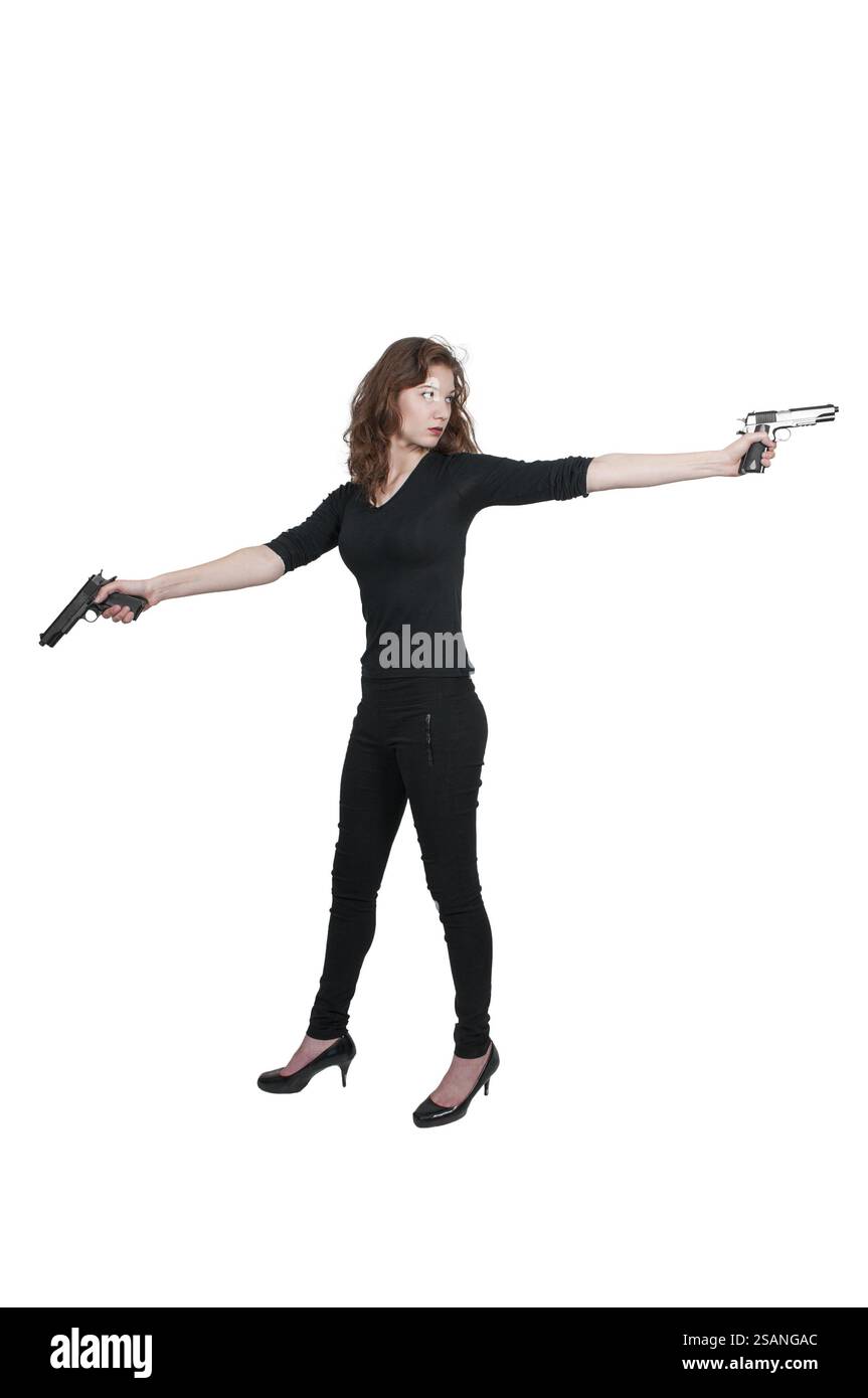 Beautiful woman with a loaded handgun pistol Stock Photo - Alamy