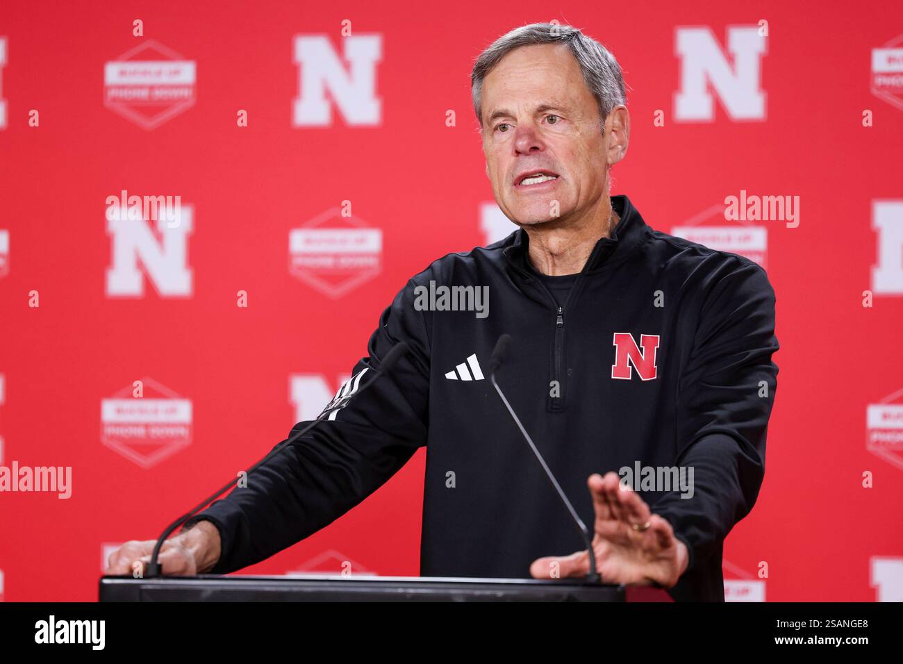 Nebraska volleyball head coach John Cook speaks during a news ...