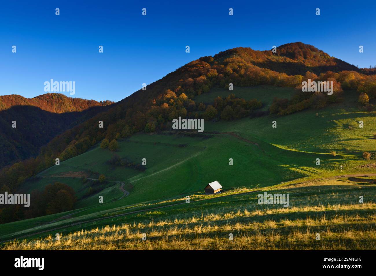 A peaceful sunrise over a mountain hut in Trascău Mountains, Romania ...