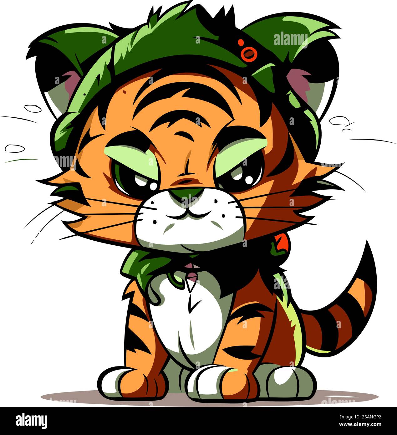 Cute cartoon tiger in a green hat and bow tie. Vector illustration ...