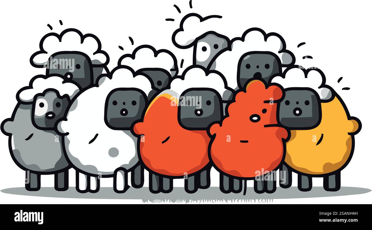Flock of sheep cartoon vector illustration. Cute cartoon sheep group ...